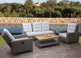 Mendler Gartengarnitur HWC-G28, Sitzgruppe Lounge-Set, Akazie Holz halbrundes Rattan verstellbar MVG - grau, Kissen hellgrau