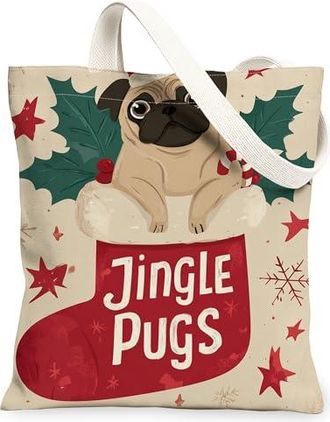 Generic Sacs fourre-tout en toile pour chien de No&euml;l, motif carlin, sacs d&eacute;picerie r&eacute;utilisables, sacs d&eacute;picerie vintage, amusants, l&eacute;gers, lavables, beige, 1