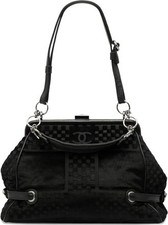 Chanel sac porté épaule CC en velours embossé à carreaux et ceinture sur le côté (2005-2006) - Noir