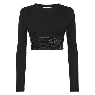 Philipp Plein Femme, Tops, Noir, Taille: 40 FR Strass Cropped T-shirt Round Neck LS