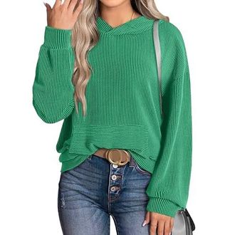Generic Sweat-shirt &agrave; capuche d&eacute;contract&eacute; surdimensionn&eacute; &agrave; manches longues en tricot c&ocirc;tel&eacute; uni pour femme, Vert, XXL