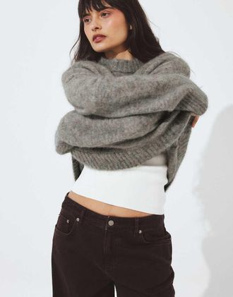 NA-KD pull en maille &agrave; col rond en m&eacute;lange de mohair gris moyen