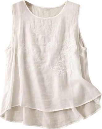 Generic D&eacute;bardeurs en lin pour femme - Broderie vintage - Sans manches - D&eacute;contract&eacute; - Tendance - Pour femme - Chemisier boh&egrave;me, blanc, XXL