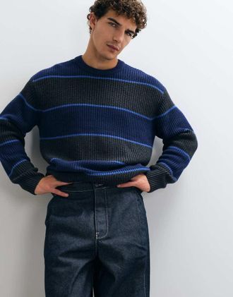 Abercrombie & Fitch Baumwollpullover mit Rundhalsausschnitt in Grau und blauen Streifen-Multi