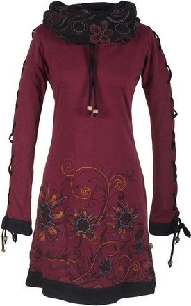 vishes Midikleid Bedrucktes Blumen Kleid mit Schalkragen - Schn&uuml;ren Ethno, Hippi, Boho, Goa Style