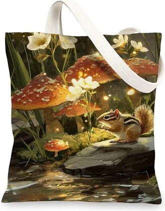 Generic Sacs fourre-tout en toile naturelle, motif tamias et champignons, sacs dépicerie réutilisables, respectueux de lenvironnement, légers et lavables, mul