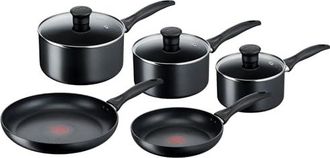 T-fal Induction Batterie de cuisine 5 pi&egrave;ces, 3 casseroles avec couvercles, 2 po&ecirc;les, Induction, Rev&ecirc;tement antiadh&eacute;sif, Thermo-signal G155S544
