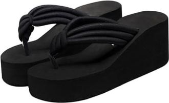 Happyyami Tongs à plateforme pour femme - Sandales compensées antidérapantes - Chaussures de plage - Sandales dété à talons hauts - Sandales pour femme, Noir, A