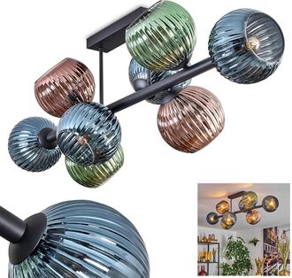 HOFSTEIN Deckenleuchte Koyoto, 8-flammige Deckenlampe aus Metall/Riffelglas in Schwarz/Blau/Gr&uuml;n/Kupfer, Leuchte im Vintage-Design (Schirme &Oslash; 15 cm), E14, Essz