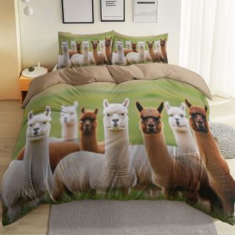 Generic Bettbezug Reversibles Khaki, Rei&szlig;fest Hautfreundlich Bettw&auml;sche 2-teiliges Mikrofaser Bettw&auml;sche-Set mit Rei&szlig;verschluss, Tier Alpaka Gras Druck Sommer