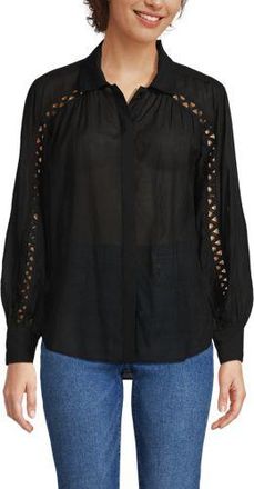 Lands End Geraffte Bluse aus Voile mit Spitzeneinsätzen, Damen, Größe:36-38 regular, Schwarz, Baumwoll-Mischung/Viskose-Mischung, by Lands End