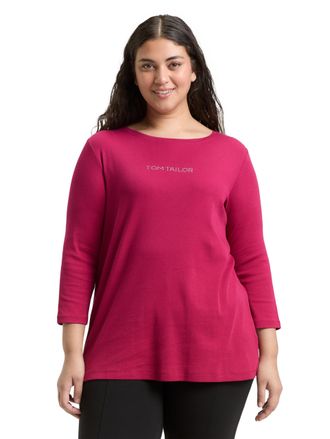 Tom Tailor Damen 1050737 Plus Size-Slim Fit Langarmshirt mit Glitzer-Logo, 38999-Dark Pink, 50