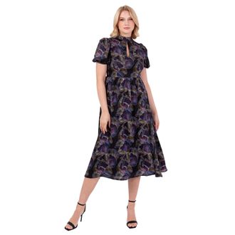 Lovedrobe Womens Midi Dress Ladies High Neck Short Puff Sleeve Keyhole Front Open Back Tie Bow Floral Print Side Split Party, Multi 42