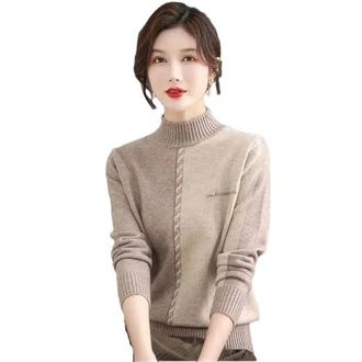 Generic Pull en tricot à manches longues et col roulé pour femme, Marron Gris Sans Polaire, XL