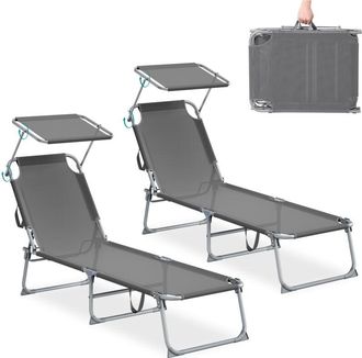Songmics Transats Pliants Ext&eacute;rieur, Dossier et Pare-Soleil R&eacute;glables, Chaises Longues, pour Balcon, Terrasse, Lot de 2, Gris