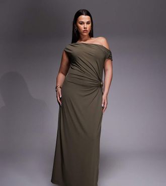 Forever New Robe longueur mollet asym&eacute;trique &agrave; &eacute;paule tombante - Kaki-Vert