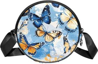 Generic Sac &agrave; bandouli&egrave;re rond pour femme, motif papillons aquarelle, petit sac &agrave; bandouli&egrave;re avec fermeture &eacute;clair, bretelles r&eacute;glables, sac &agrave; main rond d&eacute;co
