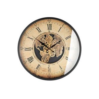 Gilde Wanduhr - Metall - Rund - &Oslash; 60cm - Weltkarten- und Zahnr&auml;dermotiv - Creme Kupferfarben - Batterien in der Lieferung Nicht enthalten