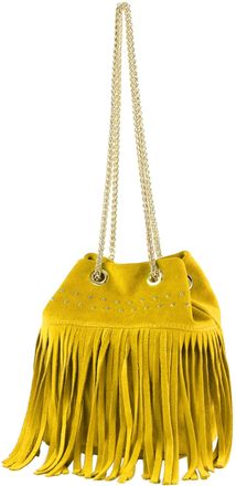 modamoda.de T244 Damen Schultertasche Wildleder mit Fransen und Goldkette handmade in Italy, Farbe:Gelb