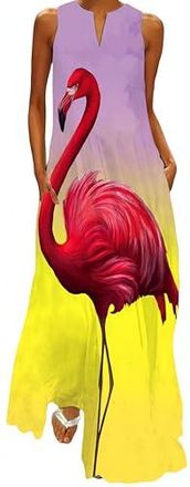 Ocean Plus Femme Jupe Longue Vintage Print V-Neck Robe sans Manches Robe dété (S, Flamant Rose)