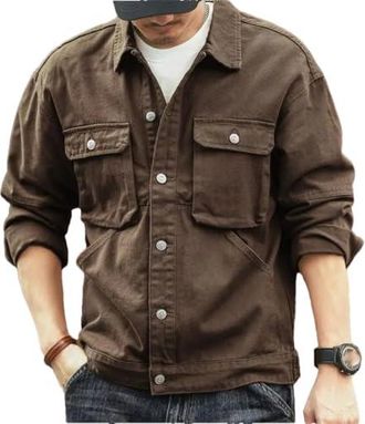 Generic Veste en jean pour homme Cargo Oversize Marron Homme Jean Manteaux, Veste marron, XXL