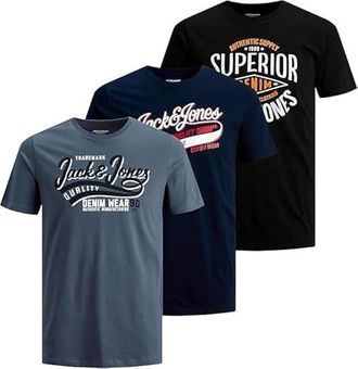 Jack & Jones Lot de 3 T-shirts design en jersey de coton, &agrave; col rond et manches courtes, arborant le logo Jack & Jones, style moderne, pour homme, L