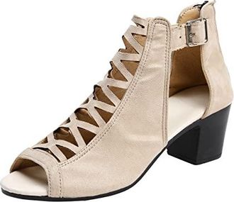 Generic Sandales &agrave; bout ouvert pour femme - Sandales tendance &agrave; talon bloc - Sandales &agrave; bouche de poisson - Sandales de gladiateur en daim - Chaussures respir