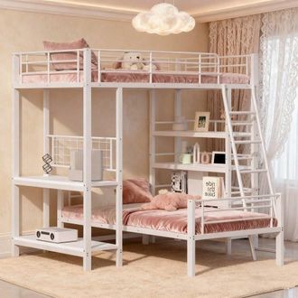 Generic Etagenbett 90x200 cm in Weiß | Metallrahmen-Hochbett mit Ablagefächern | Multifunktionales Bettgestell | Robustes Design