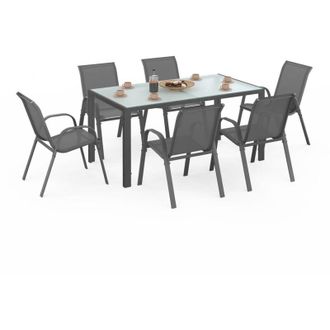 IDMarket Salon de jardin madrid table 150 cm et 6 chaises empilables gris anthracite plateau clair