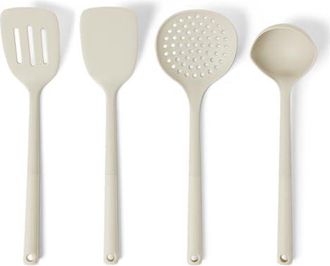 Amazon Basics Silikon Kochl&ouml;ffel und Sch&ouml;pfkelle, 4-Teiliges Set, Softgrip-Griff, BPA-frei, Sp&uuml;lmaschinenfest, Leinengrau