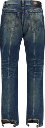 Versace Distressed Cotton Straight-Leg Jeans - Blue