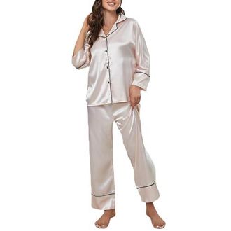 Generic Pyjama boutonné en satin pour femme - Ensemble de pyjama à manches longues et col en V - Vêtement de nuit léger à revers avec fermeture à bouton sur l