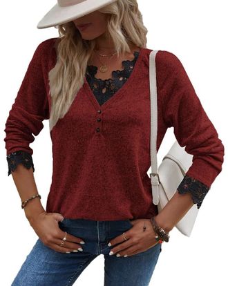 Onsoyours Damen Herbst Winter Pullover Oberteile Sexy Strickpullover Mode Einfarbig Sweater mit Spitze V-Ausschnitt Farbblock Langarmshirt Warm Pulli Jumper A R