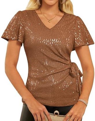 Grace Karin Femme Haut Chic &Agrave; Sequins Blouse Soir&eacute;e &Eacute;l&eacute;gante &Agrave; Paillettes Top De F&ecirc;te Col en V Manches &Agrave; Volants Courtes Bronze XL