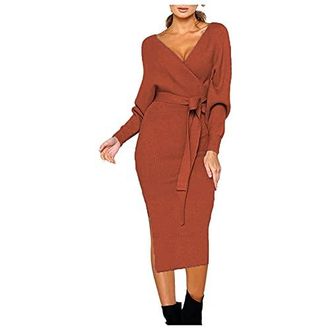 Generic Robe &agrave; manches longues et col en V avec ceinture pour femme, bordeaux, 3XL
