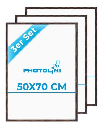 Photolini Bilderrahmen 50x70 Holz MDF Eiche Dunkel 3er Set, 50x70 cm Bilderrahmen gro&szlig;, Rahmen 70x50 Puzzle, bruchsicheres Acrylglas, picture frame zum Aufh&auml;nge