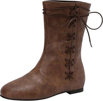 Generic Bottes de cowboy mi-mollet r&eacute;tro m&eacute;di&eacute;vale &agrave; lacets en cuir &agrave; semelle plate Chevalier Bottines de moto plates d&eacute;contract&eacute;es de couleur unie Style occi