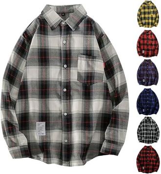 Generic Chemise d&eacute;contract&eacute;e &agrave; carreaux pour homme, chemise &agrave; carreaux classique &agrave; manches longues avec poche d&eacute;contract&eacute;e boutonn&eacute;e, coupe r&eacute;guli&egrave;re, tenue d
