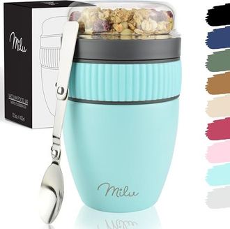 Milu Tasse &agrave; c&eacute;r&eacute;ales 400ml I Tasse anti-fuite en acier inoxydable I Yaourt isol&eacute; avec cuill&egrave;re (turquoise)