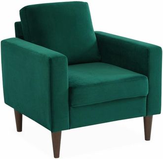 Sweeek Fauteuil scandinave en velours vert anglais - Bjorn - Canapé 1 place fixe droit pieds bois dhévéa effet bois de noyer