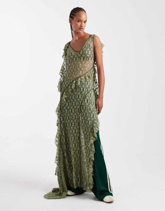 Asos Robe longue asymétrique transparente en dentelle avec détails déchirés et coutures apparentes - Kaki-Vert