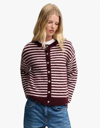 Superdry gilet en maille bross&eacute;e &agrave; rayures rouge port et rose p&acirc;le