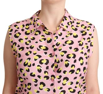 Love Moschino Womens Pink Leopard Print Sleeveless Collared Polo Top Cotton