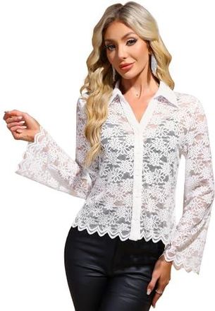 Allegra K Chemisiers en Dentelle Femme Haut Transparent Chemises Boutonnées à Manches Longues Blouse à Bordure Évasée Blanc XL