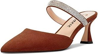 Castamere Femmes Mi Talon Heel Pointu Bout Slip-on Escarpins Diamant Cristal Mules Chaussures Mariage Danse 6.5 CM Heels Marron A 36 EU