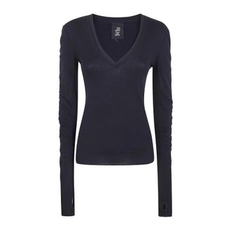 Thom Krom Lang&auml;rmeliges V-Ausschnitt-Oberteil mit gerafften &Auml;rmeln - - Knitwear - Damen - Schwarzk - L