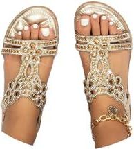 Generic Sandales plates d&eacute;t&eacute; d&eacute;contract&eacute;es et l&eacute;g&egrave;res &agrave; enfiler en similicuir avec barre en T et strass pour femme, A Gold, 38.5 EU