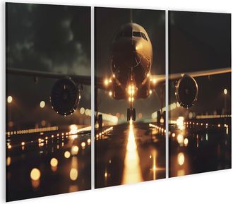 Islandburner Bild auf Leinwand Flugzeug auf beleuchtete Startbahn bei Nacht f&uuml;r Schlafzimmer Flugzeugliebhaber Reiseb&uuml;ro Bilder Wandbilder Poster
