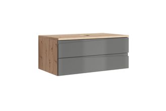Byliving Waschtisch Shape/Moderne Bad Kommode/Front Hochglanz Anthrazit / 2 Schubladen mit gefr&auml;ster Griffleiste/Korpus Melamin Eiche-Optik/Schrank/B 80, H 33,