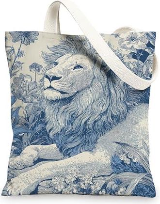 Generic Sac fourre-tout en toile motif lion artistique, vintage, réutilisable, léger, lavable, respectueux de lenvironnement, bleu, 13x15 Inch